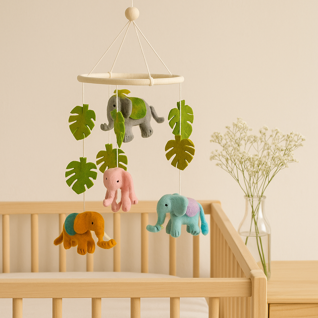 Baby Mobile Felt Elephant with Monstera Leaves | SHAMTAM