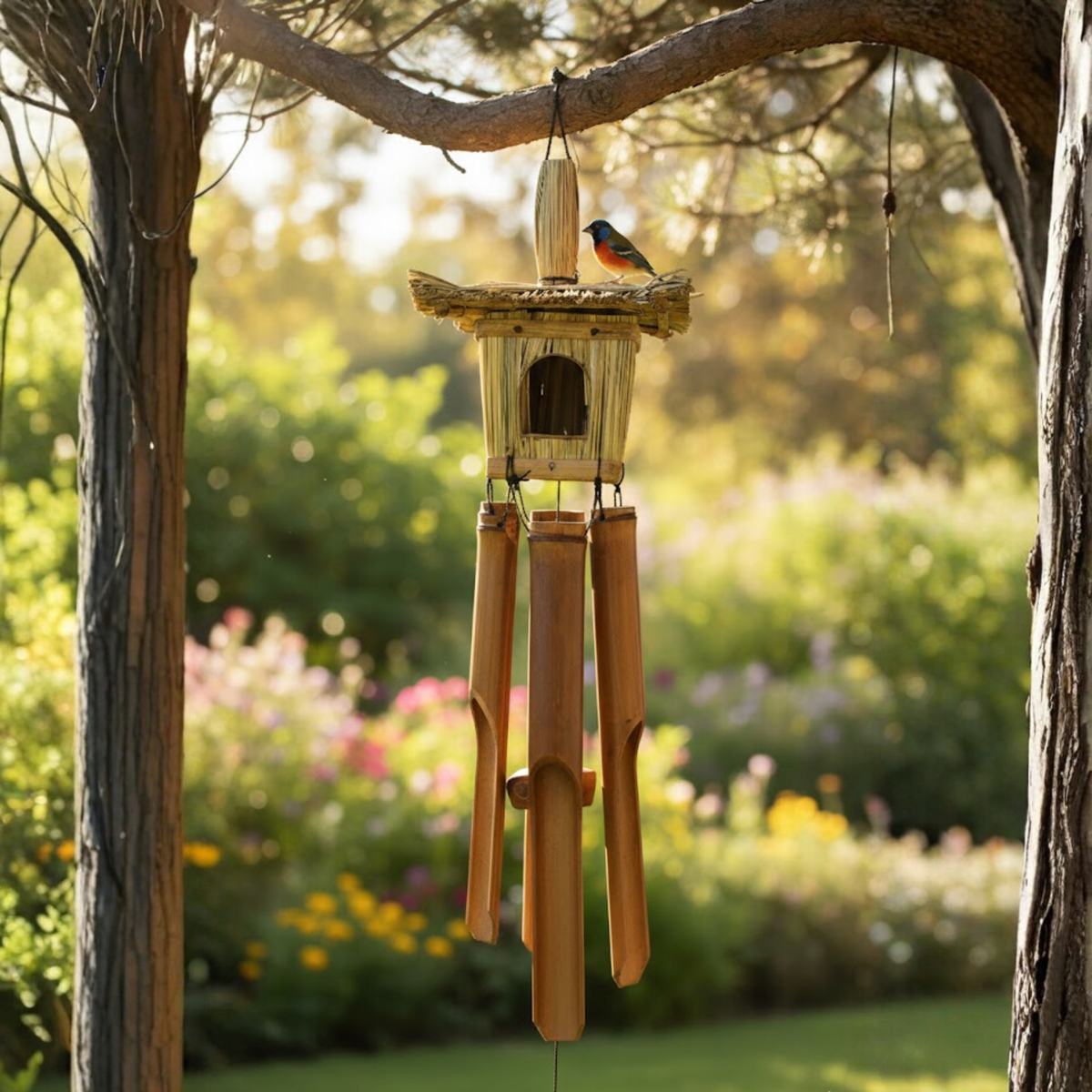 Bird Box with Wind Chimes - Square Seagrass 49x15cm | SHAMTAM