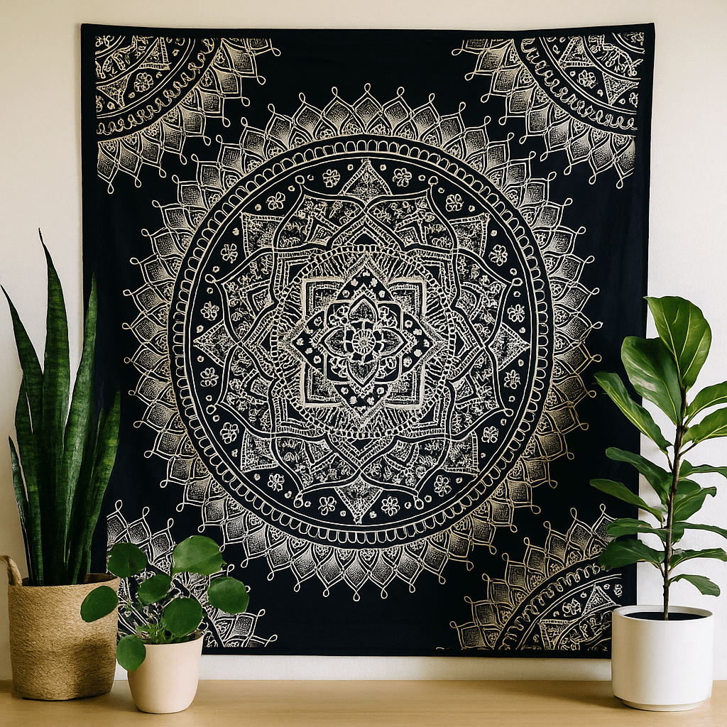 Double Cotton Bedspread Wall Hanging - Black White Lotus | SHAMTAM