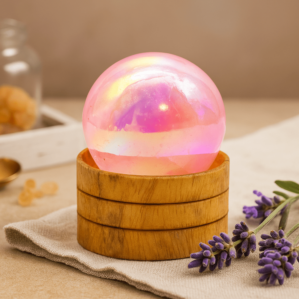 Rose Quartz Sphere Titanium Aura 40mm with Stand | SHAMTAM